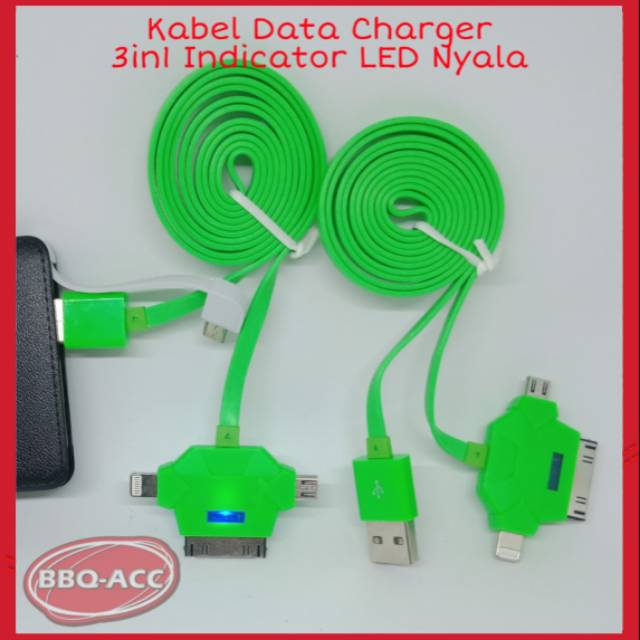 Jual Kabel Data Charger Pipih Indicator Led Nyala 3in1 Micro USB Type A ...