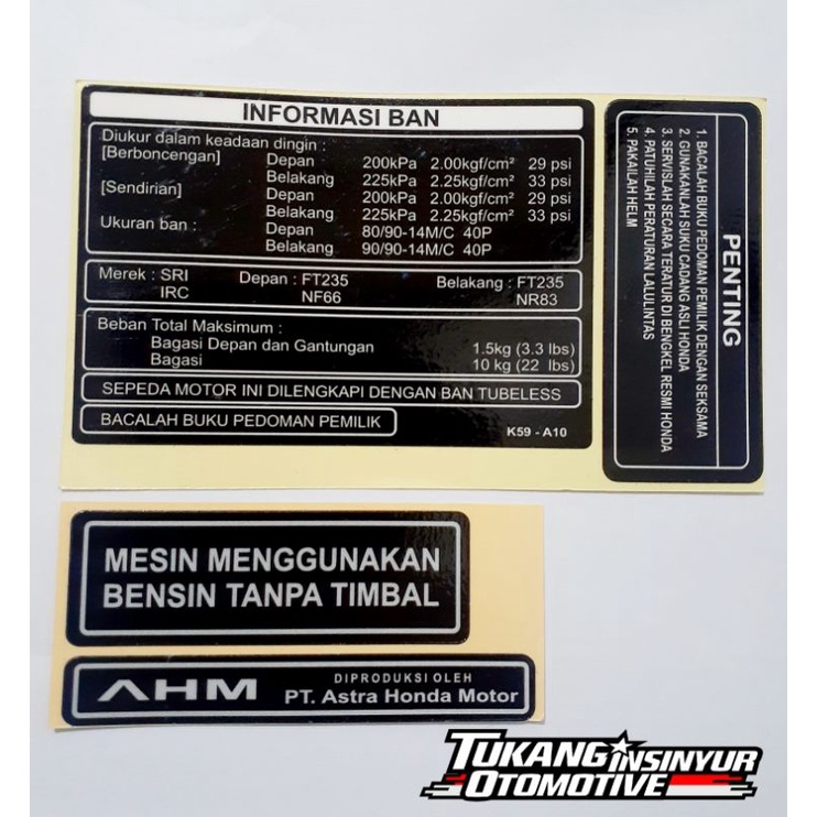 Jual Label Sticker Informasi Tekanan Ban New Vario 125 - 150 Honda AHM ...