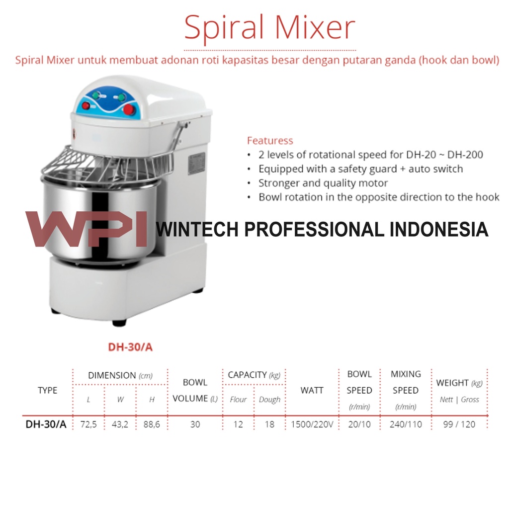 Jual Getra DH-30/A DH 30/A DH30A Spiral Mixer 30 Liter Pengaduk Adonan ...