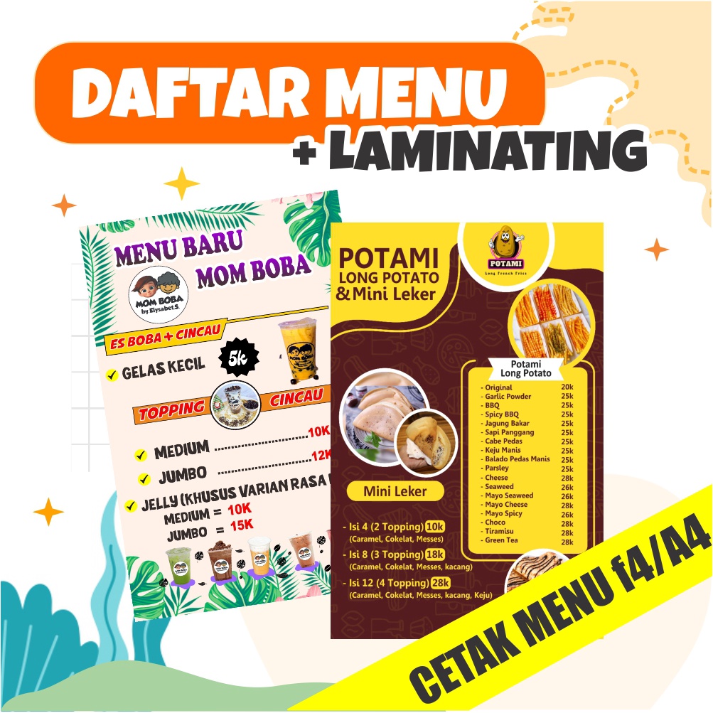 Jual CETAK DAFTAR MENU + LAMINATING UKURAN F4/A4 (Request) | Shopee Indonesia