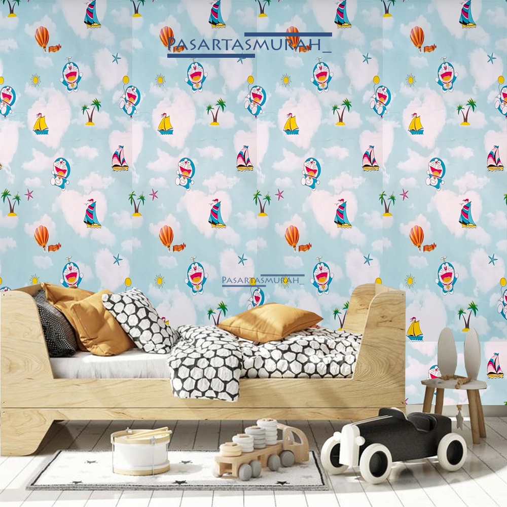 Jual Wallpaper Dinding Biru Awan Motif Karakter Kartun Doraemon Pantai ...