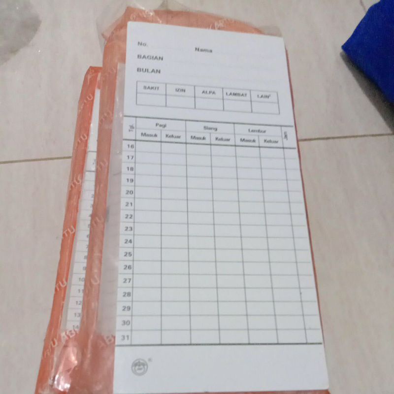 Jual KARTU ABSENSI CLOCK/ABSENSI JAM CEKLOK/ KARTU ABSENSI JAM CEKLOK ...