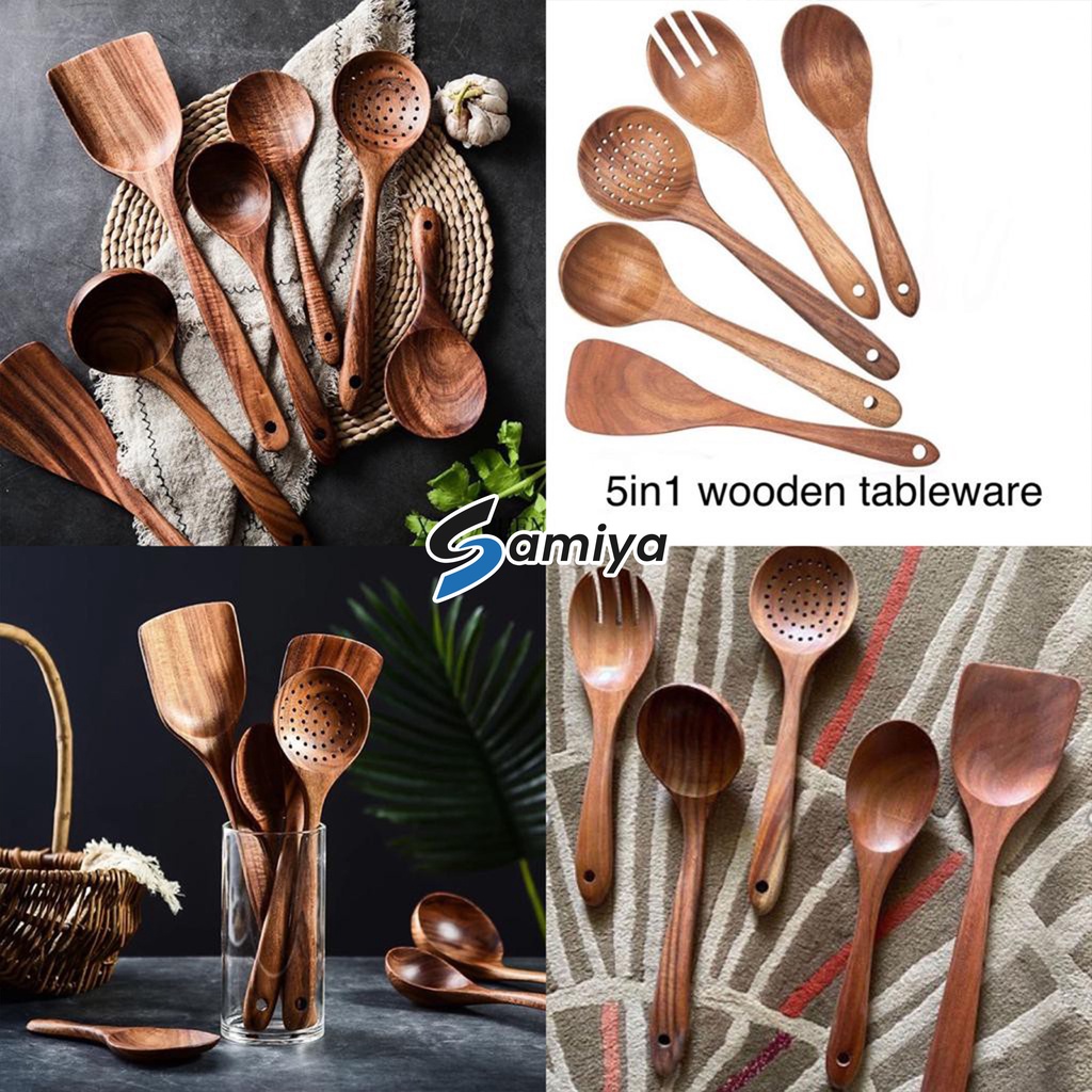 Jual alat masak sutil spatula kayu set 5in1 / wooden kitchen tableware ...