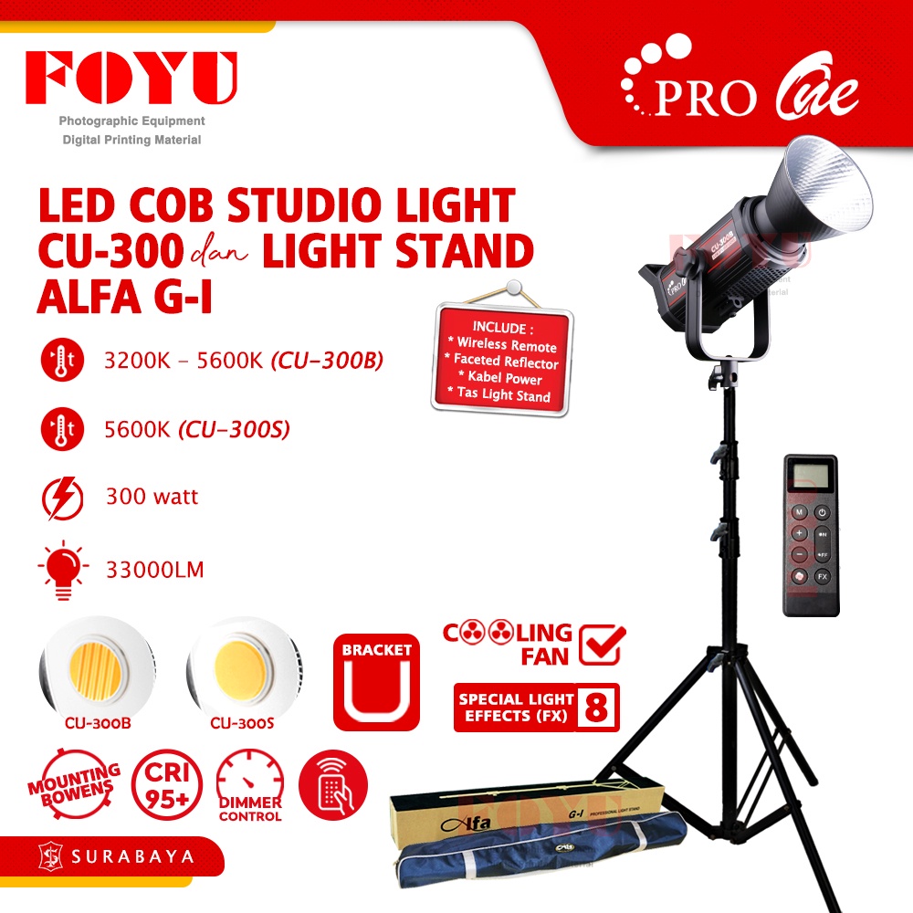 Jual LED COB Lampu Foto Video Studio Light 300W Continuous Pro One CU-300 dan Light Stand Alfa G ...