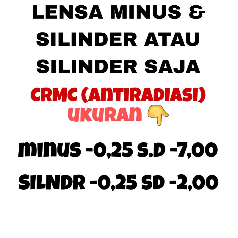 Jual LENSA MINUS DAN SILINDER CRMC ANTIRADIASI PLANO/MINUS/SILINDER ...