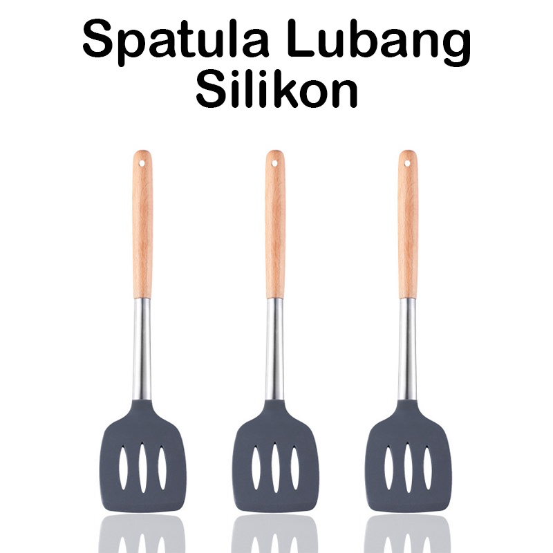Jual Spatula Silikon Tahan Panas Gagang Kayu Sutil Lubang Silicon ...