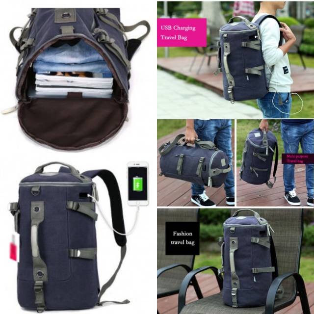 Jual Tas Ransel Duffel Travel dengan USB Charger Port - Black Blue ...