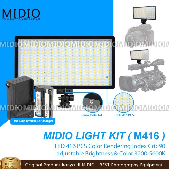 Jual Midio Video Lighting LED M416 Kit Plus Baterai dan Charger ...