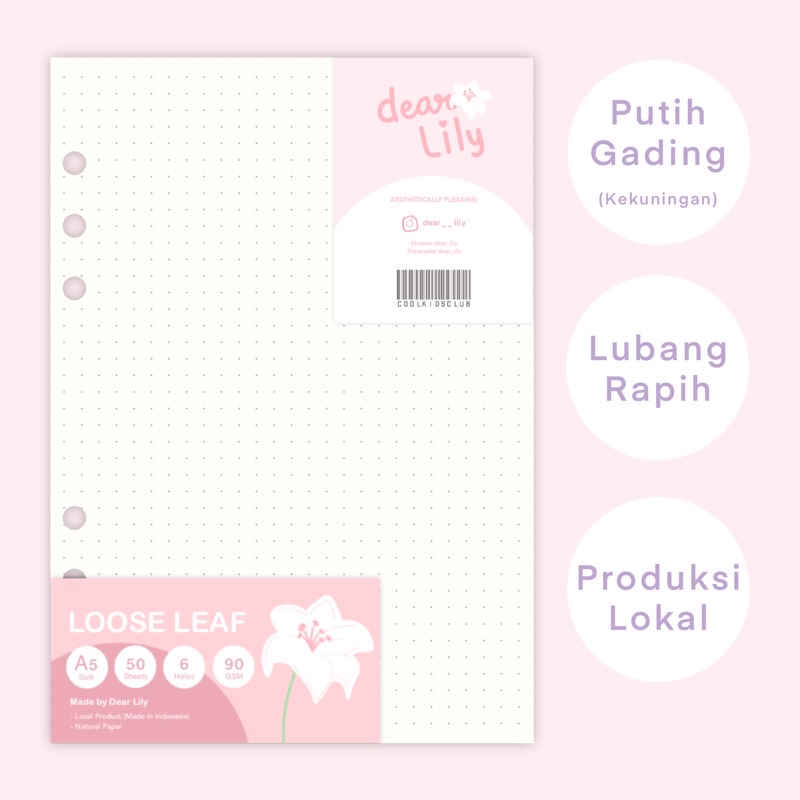 Jual Dear Lily- 30 lembar Isi Binder A5 - DOT - 6 lubang holes looseleaf Putih Gading Kertas ...