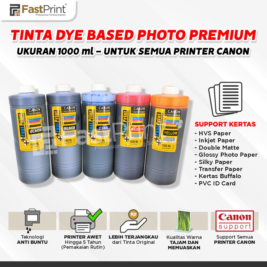 Jual Fast Print Tinta Dye Based Photo Premium Canon 1 Set 5 Warna 1000 ...