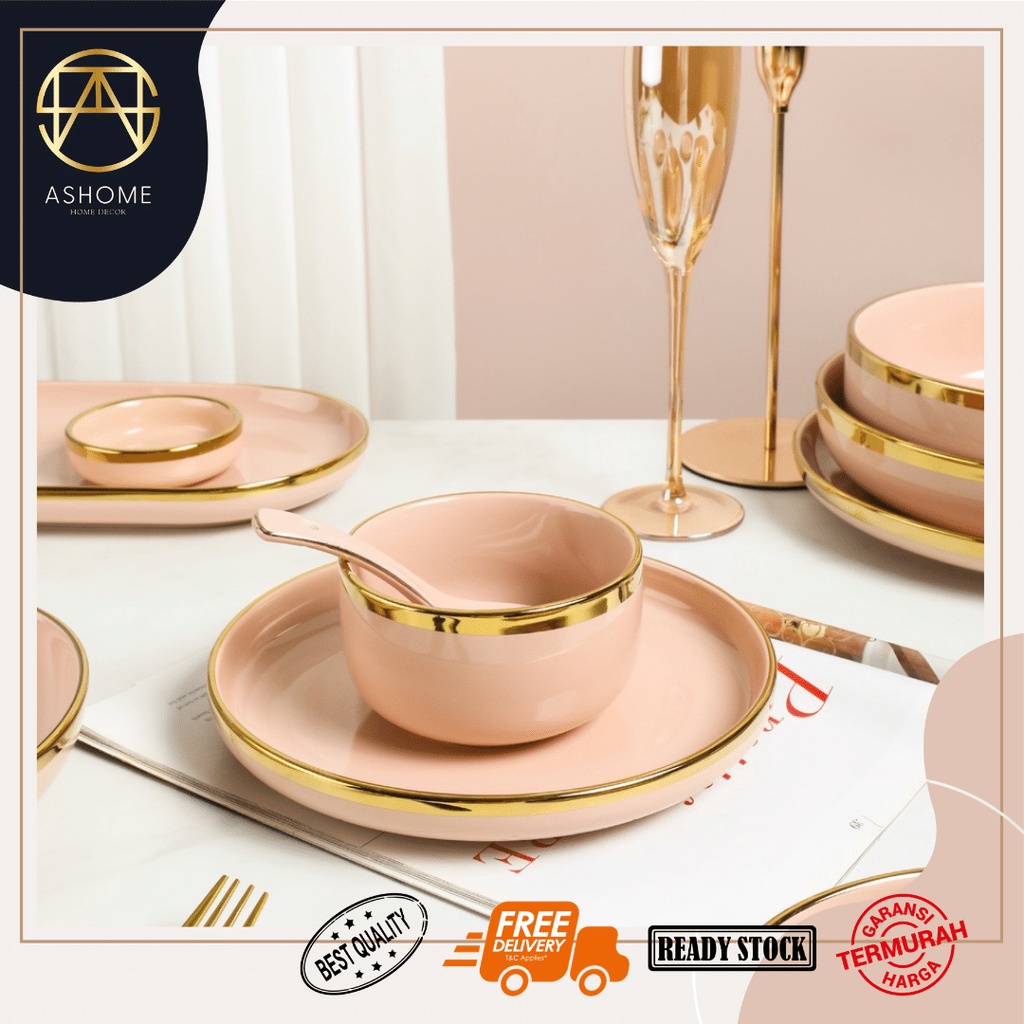 Jual ASHOME Piring Set 4 Orang Piring Makan Set Keramik Light Pink Isi ...