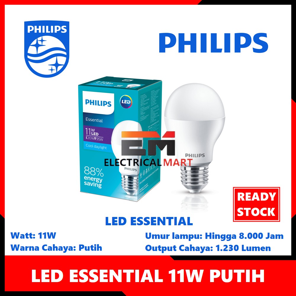 Jual (GROSIR) Lampu Bulb LED Essential Philips 11W Putih CDL (11 W Watt 11Watt) Original Promo ...