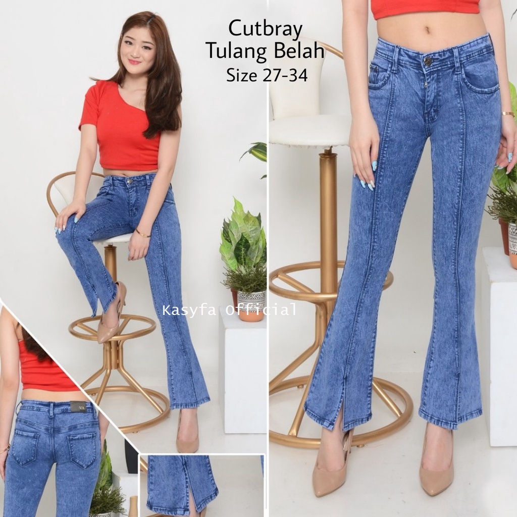 Jual CELANA JEANS WANITA CUTBRAY HIGHWAIST TULANG BELAH DEPAN | Shopee Indonesia