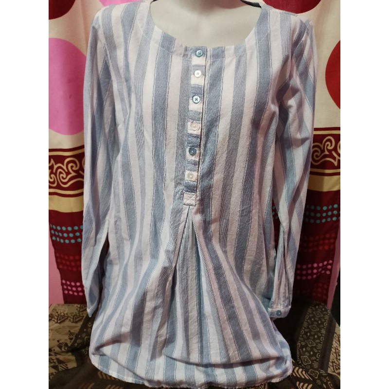 Jual preloved baju blouse corniche biru garis | Shopee Indonesia