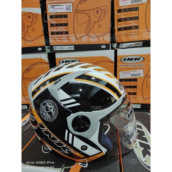 Jual HELM INK ENZO WHITE/OREN DUAL VISOR ORIGINAL | Shopee Indonesia