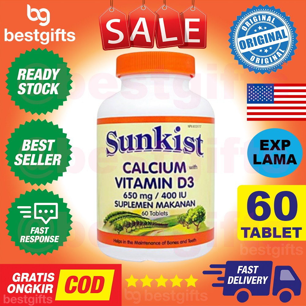 Jual Sunkist Calcium Vitamin D3 650mg 650 Mg 400iu 400iu Gigi Gusi Otot