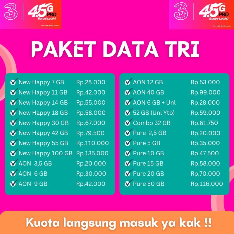 Jual Kuota / Paket Data Tri 30 GB Aon New Happy Pure Full 24 Jam 30 ...