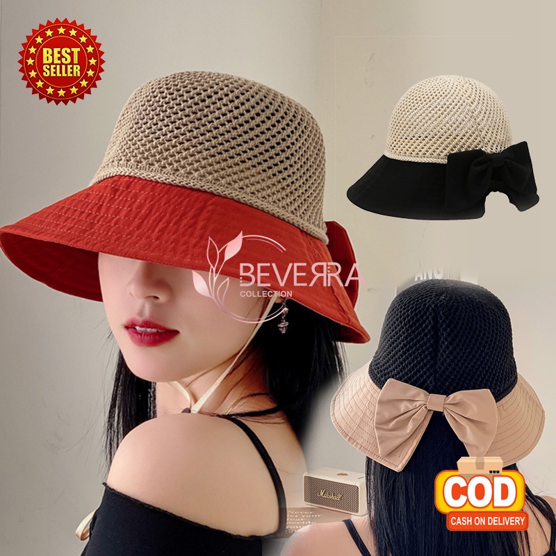 Jual Topi Pantai Wanita Bucket Hat Korea Setengah Rajut Pita Belakang Jaring Anti UV Kualitas ...