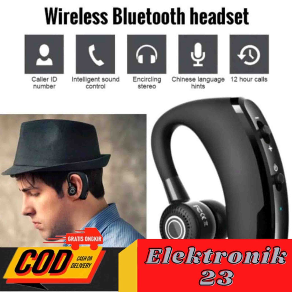 Jual V9 Bluetooth Earphone 8D Bass Wireless Headset 5.0 Single Business Sport Headphone with Mic ...