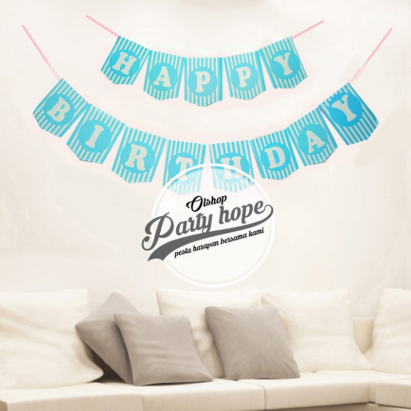 Jual Bunting Flag HBD Garis Biru / Banner HBD / Bunting Flag Garis Biru ...
