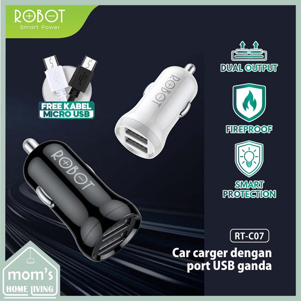 Jual PROMO!! ROBOT RT-C07 RT C07 Car Charger Pengisian Dual Output 2,4A Free Kabel Micro USB ...
