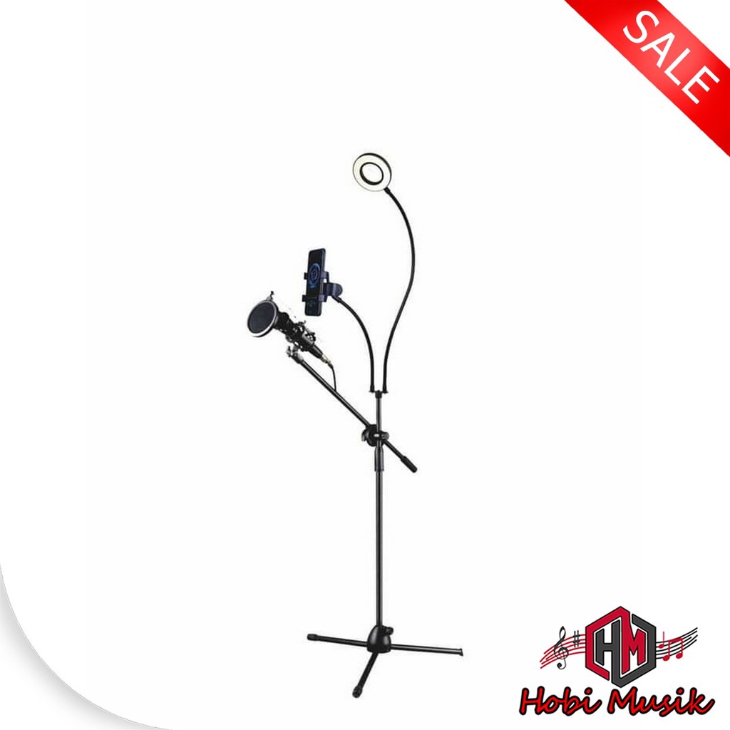 Jual Stand Microphone With Lazypod Jepit Smartphone Dengan Ring Light ...