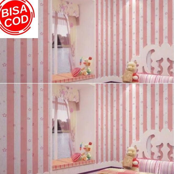 Jual Welpeper Dinding Motif 45cm X10m Salur Bintang Pink Wallpaper