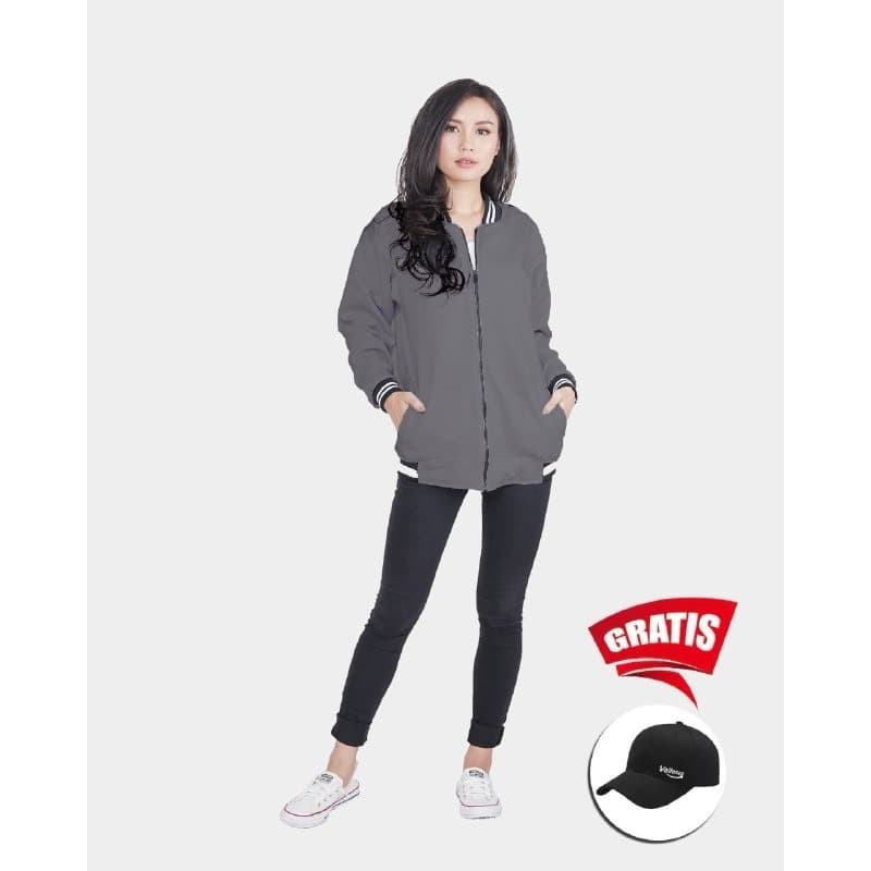 Jual Jaket Boomber Wanita Necabela Abu-abu Polos Gratis Topi Eklusif | Shopee Indonesia