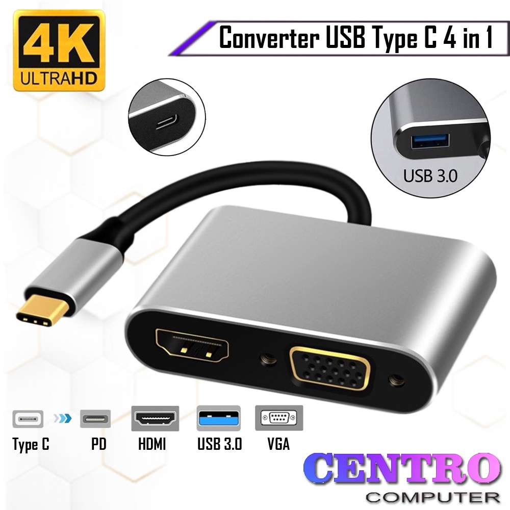Jual converter USB Type C 4 in 1 HDMI+VGA+USB 3.0 + type C | Shopee ...