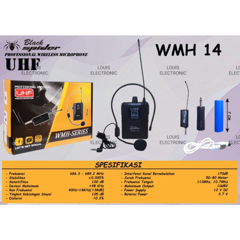 Jual Mic Jepit Wireless Black Spider WMH 14 UHF Microphone Jepit ...