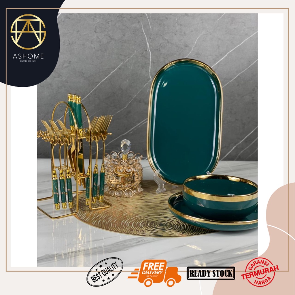 Jual ASHOME Piring Set Lengkap Warna Hijau Emerald Gold isi 10 Pcs ...