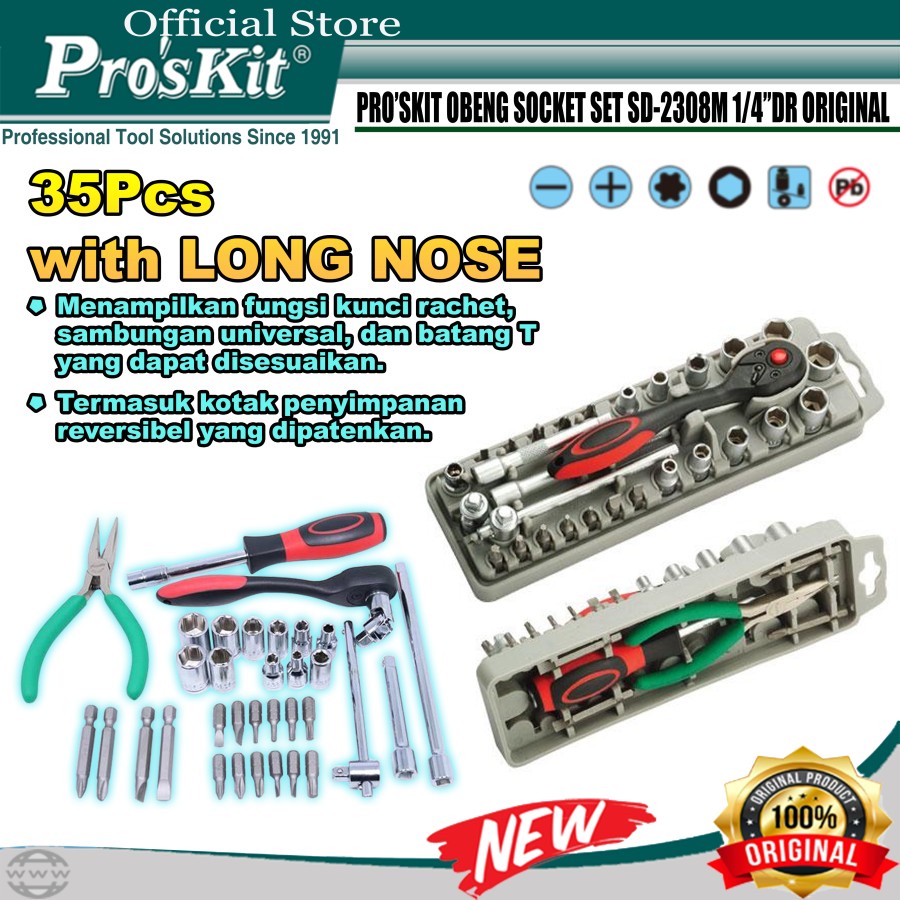 Jual Pro'sKit - Obeng Socket Set Sd-2308M 1/4"Dr 35 Pcs With Long Nose Original | Shopee Indonesia