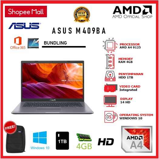 Jual ASUS M409BA - AMD A4 9125 4GB 1TB W10 14HD | Shopee Indonesia