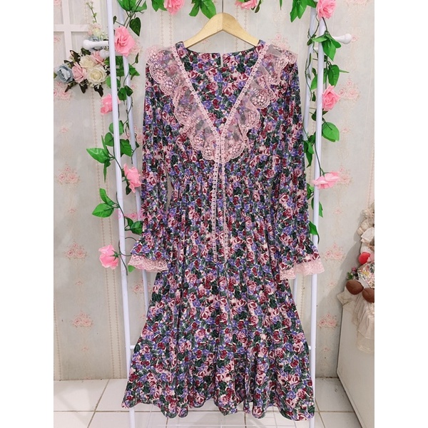 Jual Code 653 Premium Korean Dress Flowery Ruffle Lacey | Shopee Indonesia