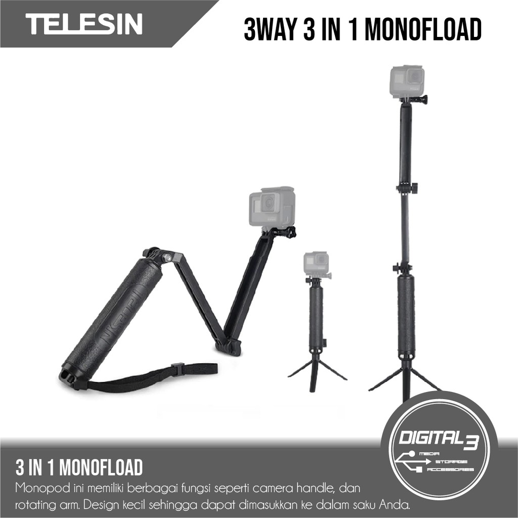 Jual Telesin 3 in 1 tongsis stick monopod Multi Fungsi Floaty Grip Tripod 3 way Stik Gopro ...