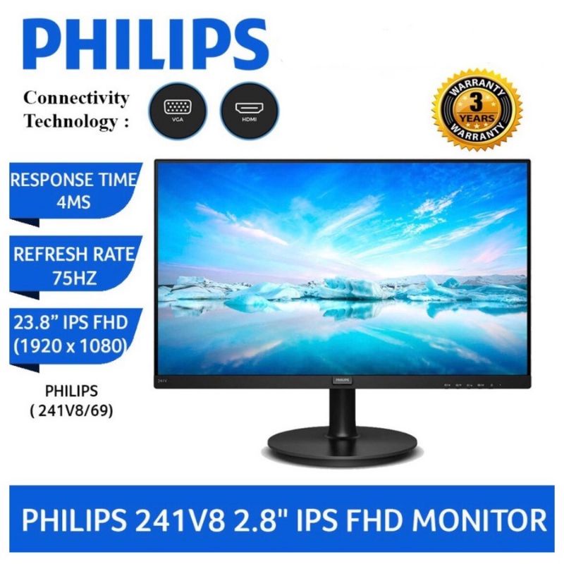 Jual Monitor LED PHILIPS 241V8 24" IPS 75Hz FULL HD 4ms VGA HDMI Layar ...