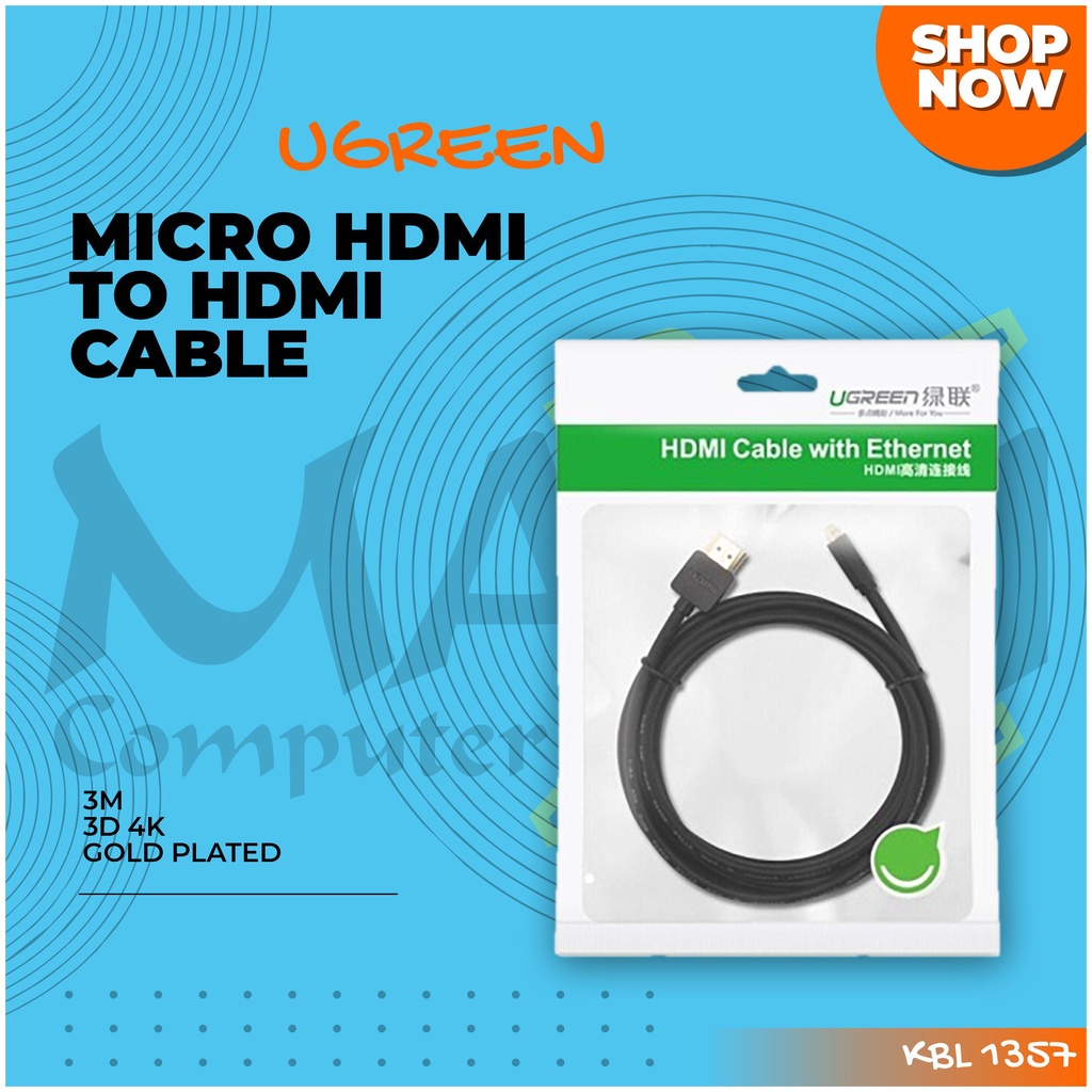 Jual Ugreen 30104 Micro HDMI To HDMI Cable 3M 1080P 3D 4K Gold Plated ...