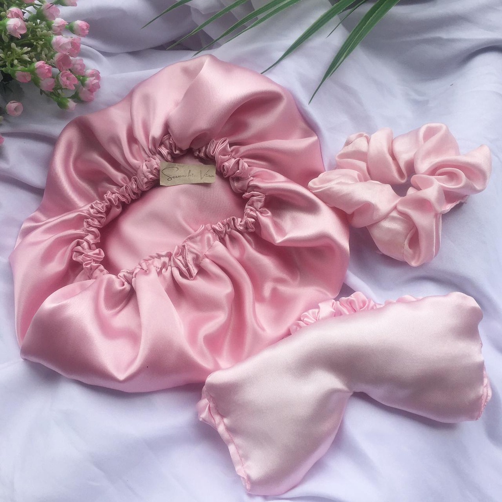 Jual Hair Bonnet Silk Premium set eye sleep + scrunchie Shin Hye High ...