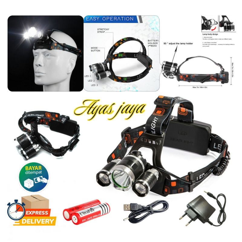Jual Headlamp 3 LED 5000 Lumens Cree XM-L - T6 HD-LD - Black/senter ...