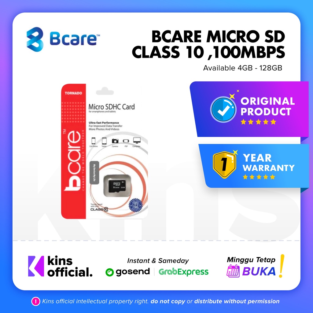 Jual Micro SD Bcare 4GB/8GB/16GB/32GB/64GB/128GB -100MBPS Class 10 ...