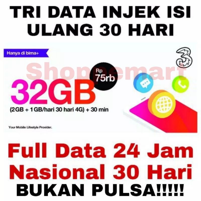 Jual PROMO Paket Data Kuota Tri 3 | 32GB INJEK KUOTA TRI 32 GB 30 HARI ...