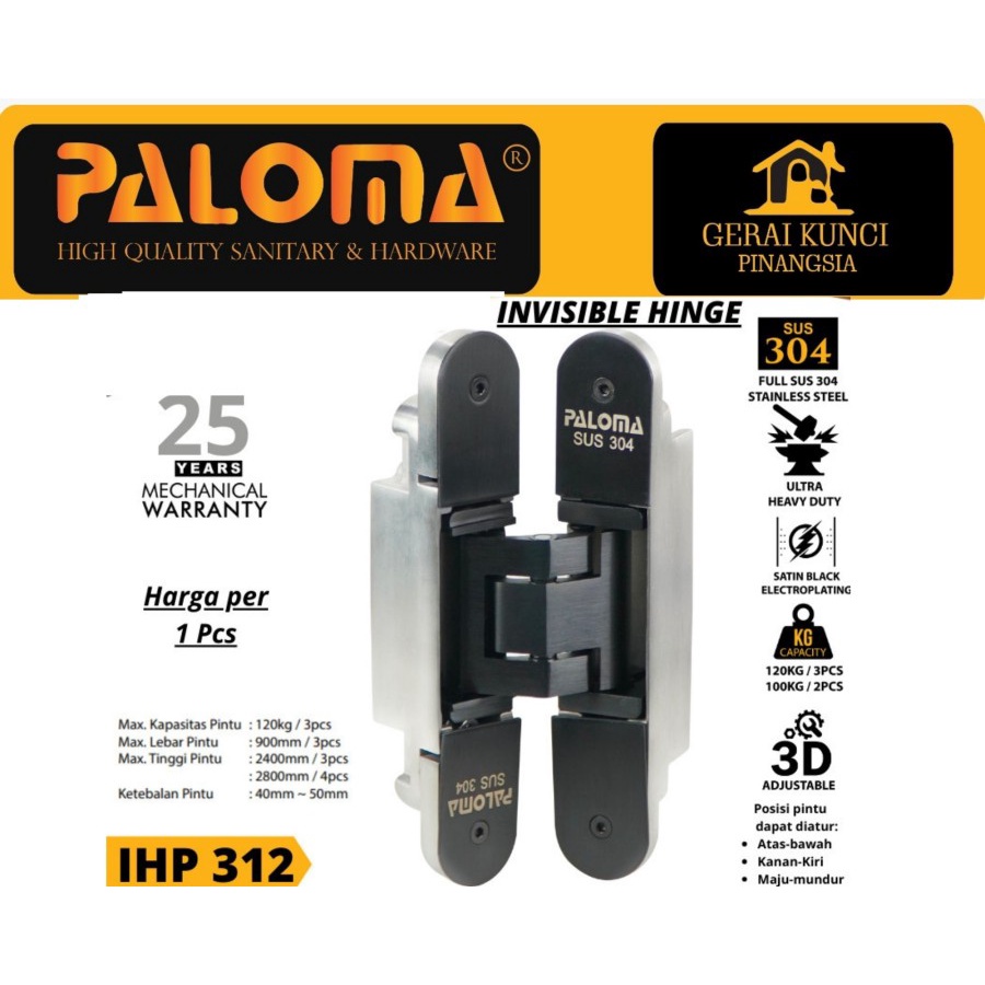 Jual Engsel Hinge Paloma Concealed P100 Black #Engsel Tanam Pintu / IHP ...