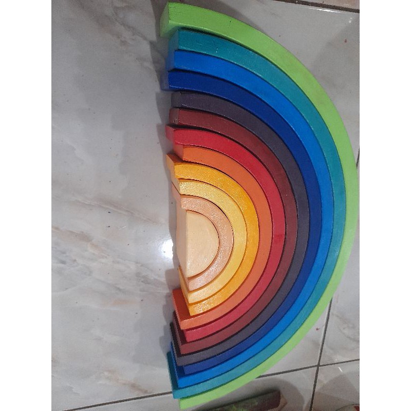 Jual Wooden Toys Rainbow Block 12 / Rainbow Stacker 12 Stack / FREE ...