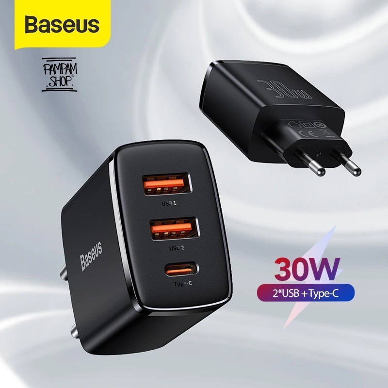Jual BASEUS Adaptor Charger Compact 30W 3A Adapter 2 USB 1 Type C Casan ...