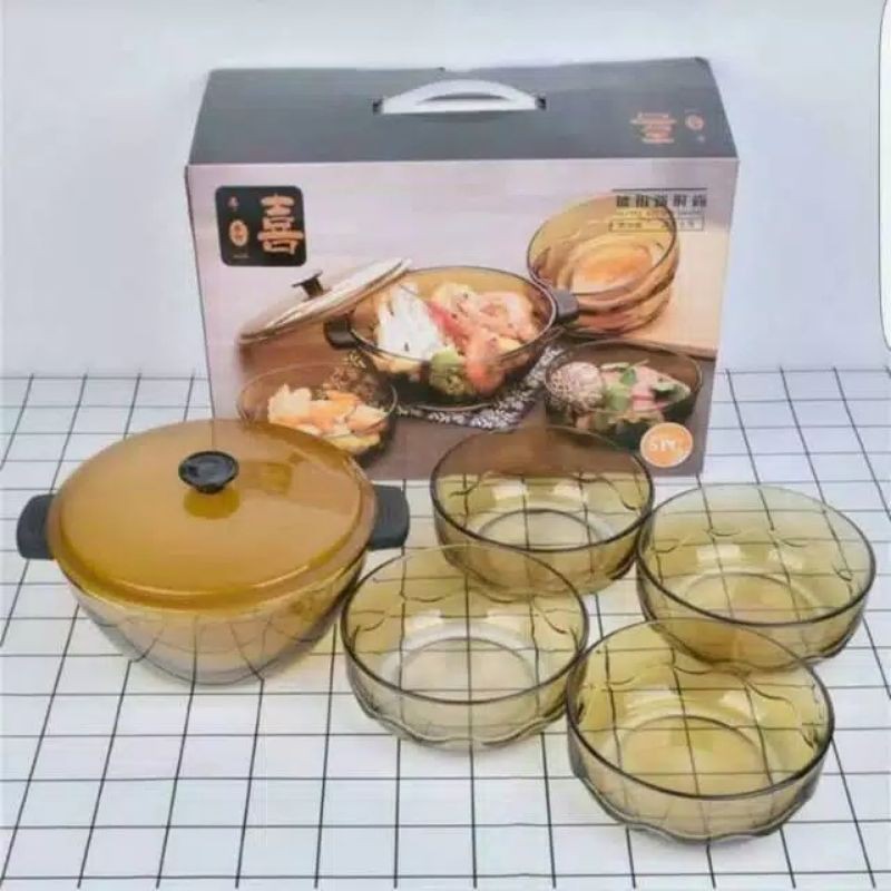 Jual Mangkuk Kaca Set Isi 5 Dengan Tutup Tebal Coklat Bening Bagus ...