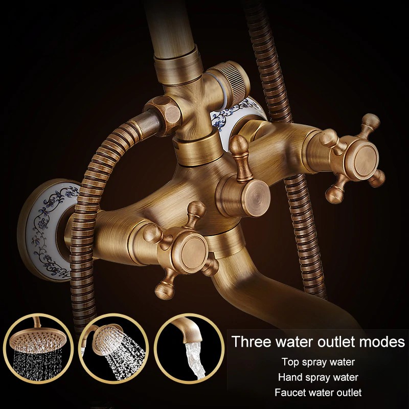 Jual Antique Rain Shower Faucets Set with Hand Brass Wall Mounted Shower Mixer for Bathroom Bath ...