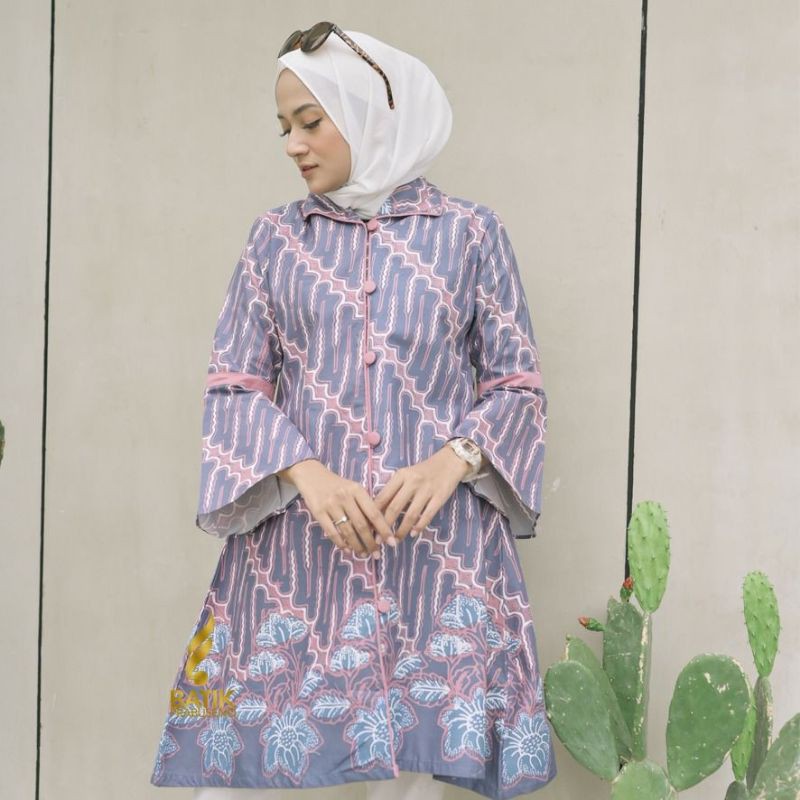 Jual BAJU BATIK WANITA TUNIK LENGAN PANJANG KEMEJA DRESS KERJA MOTIF ...