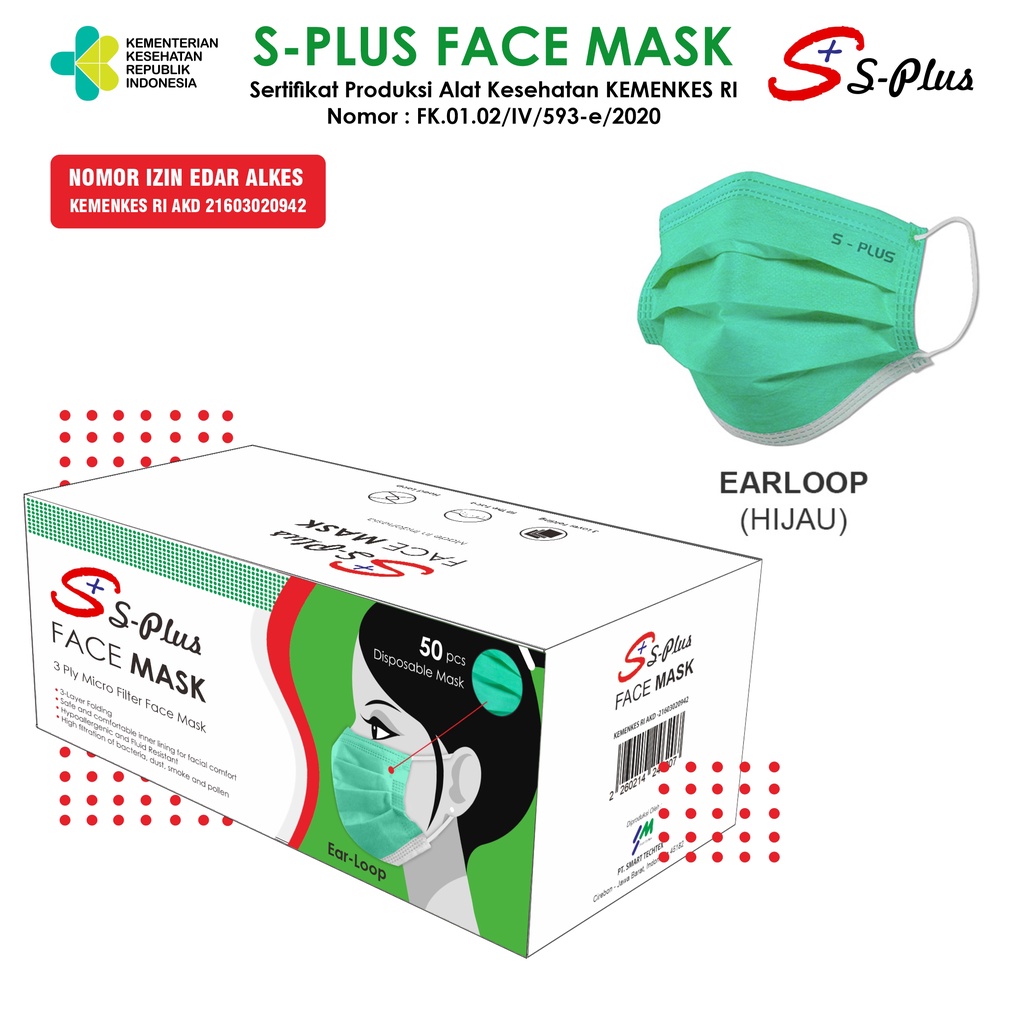 Jual S-Plus Face Mask Isi 50 Pcs (Masker 3 Ply) Kemenkes | Shopee Indonesia