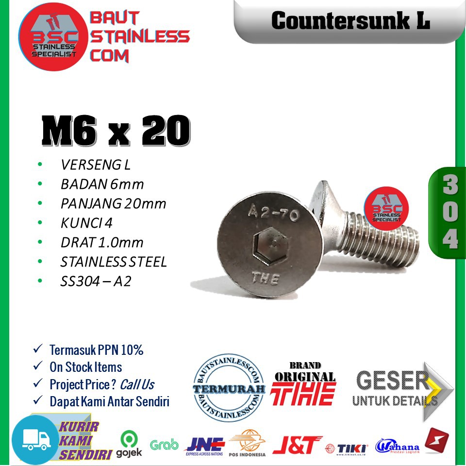 Jual COUNTERSUNK L - VERSENG L STAINLESS SS304 A2 M6X20 ISI 10 PCS | Shopee Indonesia