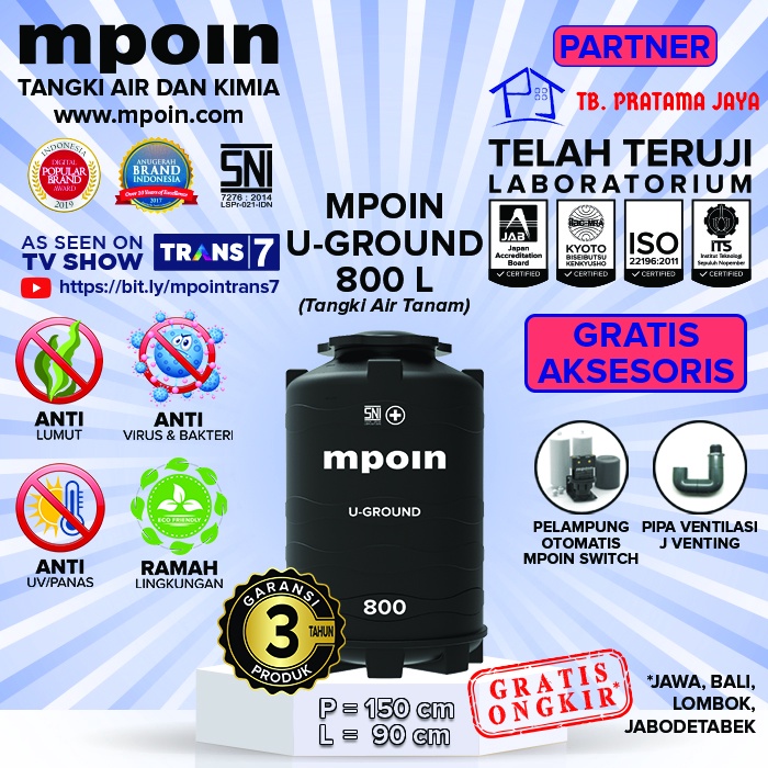 Jual Toren/Tangki/Tandon Air Mpoin U-Ground 1200 L SNI Anti Lumut, Anti ...
